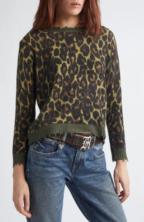 R13 Distressed Leopard Print Cashmere Crewneck Sweater