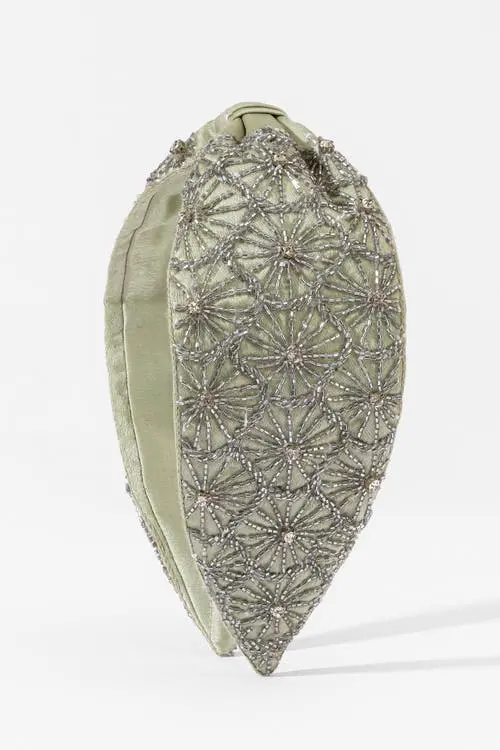 HAIR DRAMA CO. French Grey Embroidered Headband - Green