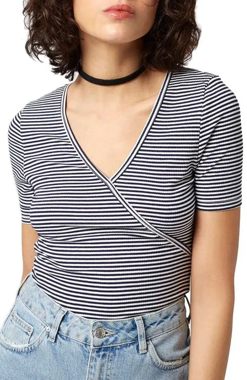 Topshop Stripe Surplice Jersey Bodysuit - Black Multi