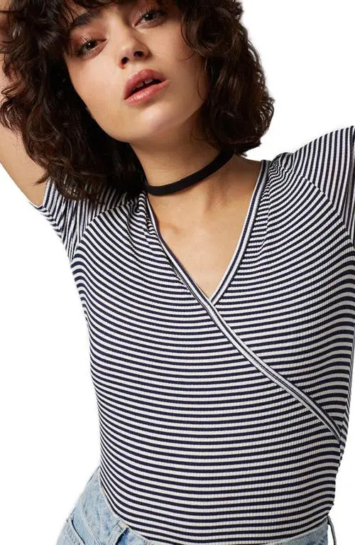 Topshop Stripe Surplice Jersey Bodysuit