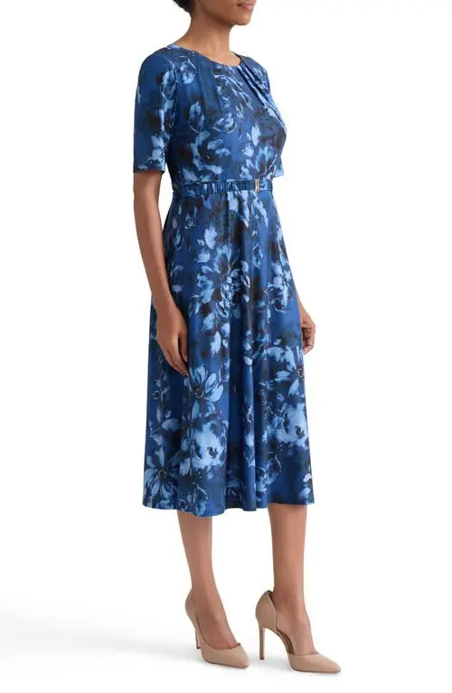 KASPER Floral Belted A-line Dress - Blue Night Multi