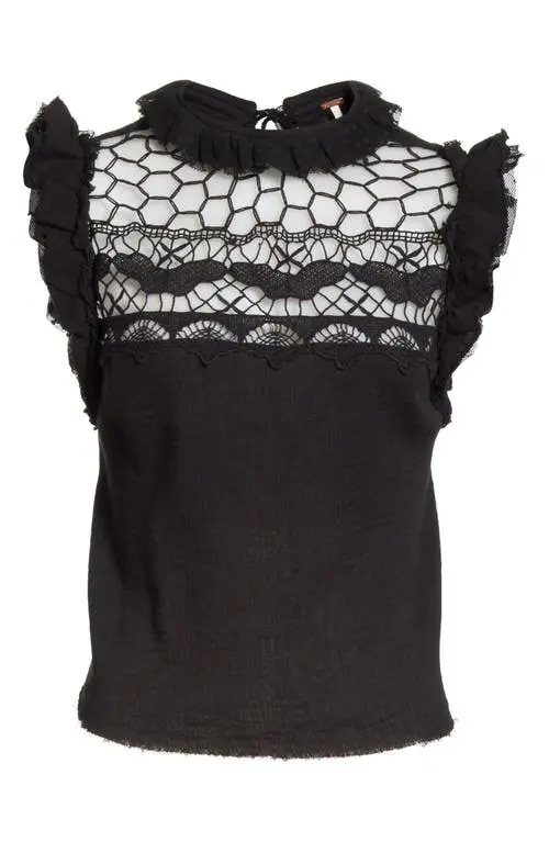 Free People Crochet Lace Ruffle Trim Blouse