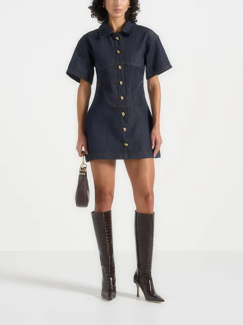 Manière De Voir Mathilde Corset Contrast Stitch Denim Dress - Indigo