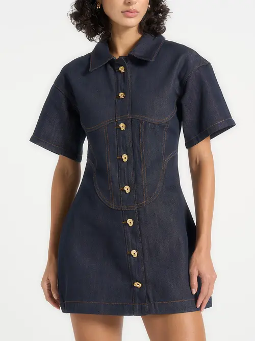 Manière De Voir Mathilde Corset Contrast Stitch Denim Dress - Indigo
