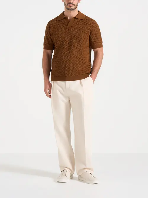 Manière De Voir Conrad Textured Cotton Knit Polo Shirt - Fawn