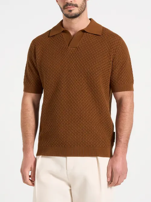Manière De Voir Conrad Textured Cotton Knit Polo Shirt - Fawn