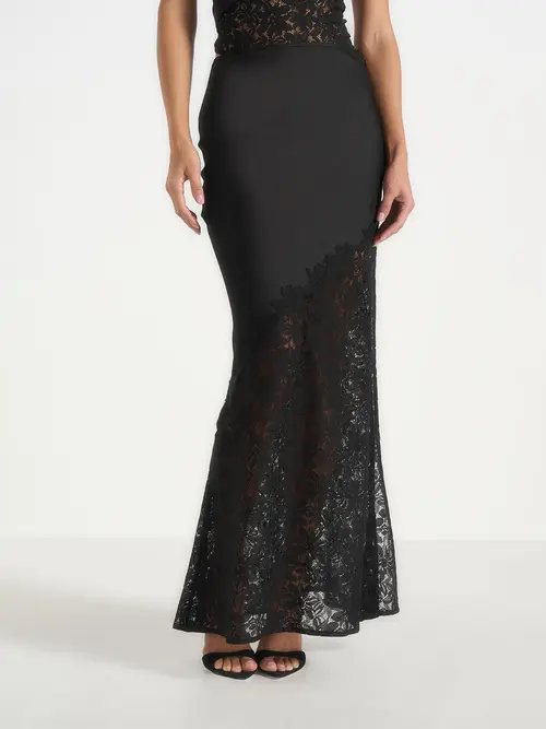 Manière De Voir Satin Lace Maxi Skirt With Pearl Edging - Black