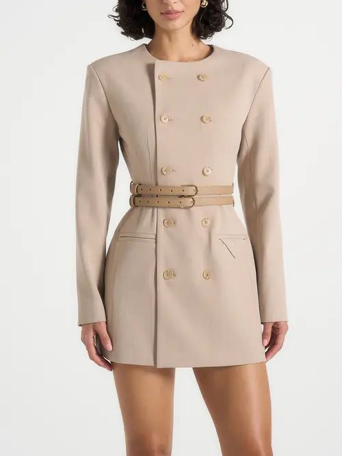 Manière De Voir Sierra Double Breasted Belted Blazer Dress - Beige