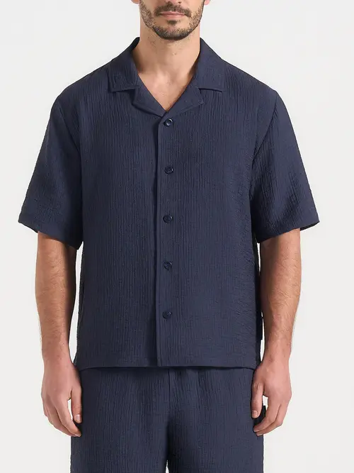 Manière De Voir Harley Textured Revere Shirt - Navy