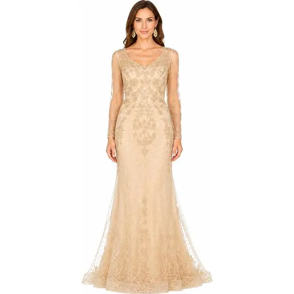 LARA NEW YORK Beaded Faux-wrap V-neck Bridal Gown - Champagne