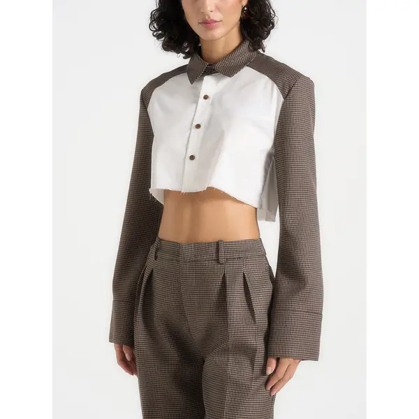 Manière De Voir Bernadette Houndstooth Contrast Cropped Shirt - Brown
