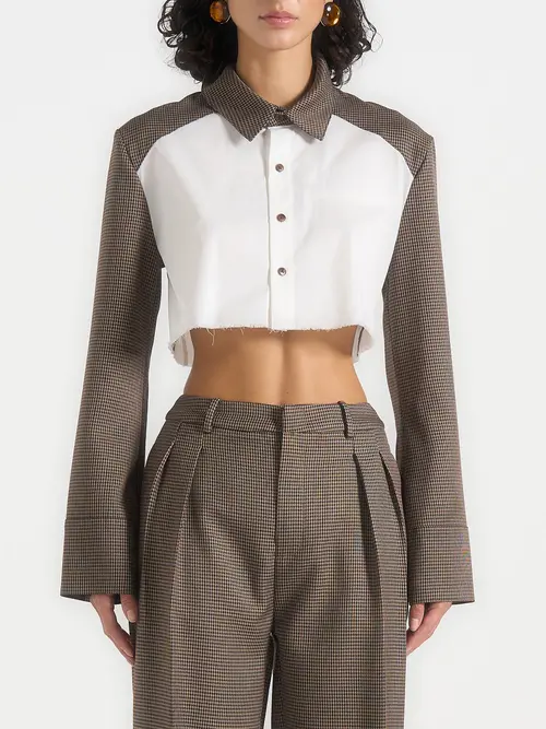 Manière De Voir Bernadette Houndstooth Contrast Cropped Shirt