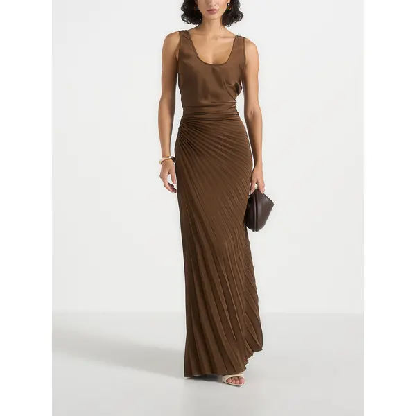 Manière De Voir Fiona Satin Fan Pleat Maxi Skirt - Brown