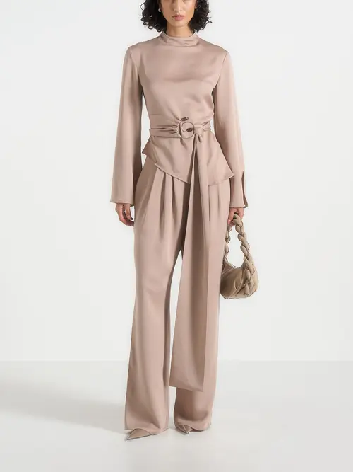 Manière De Voir High Neck Pleated Wide-leg Jumpsuit With Wrap Waist - Beige