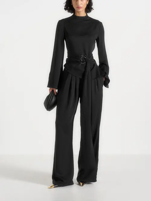 Manière De Voir High Neck Pleated Wide-leg Jumpsuit With Wrap Waist - Black
