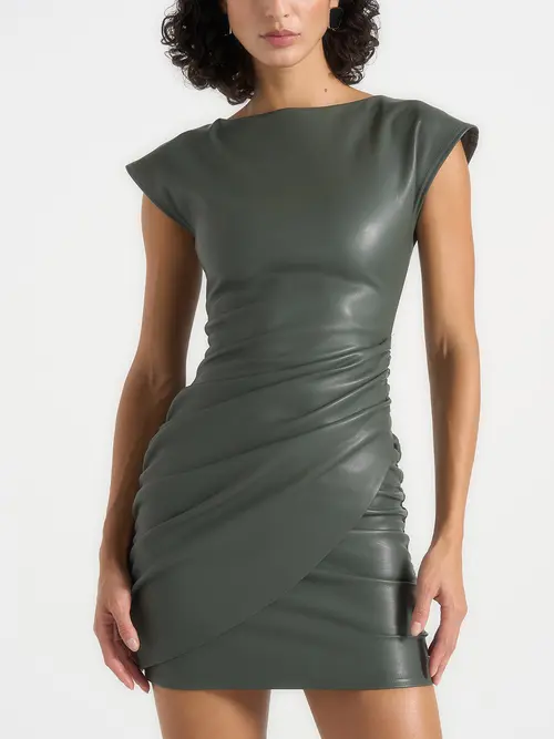 Manière De Voir Tina Leather Gathered Dress - Sage