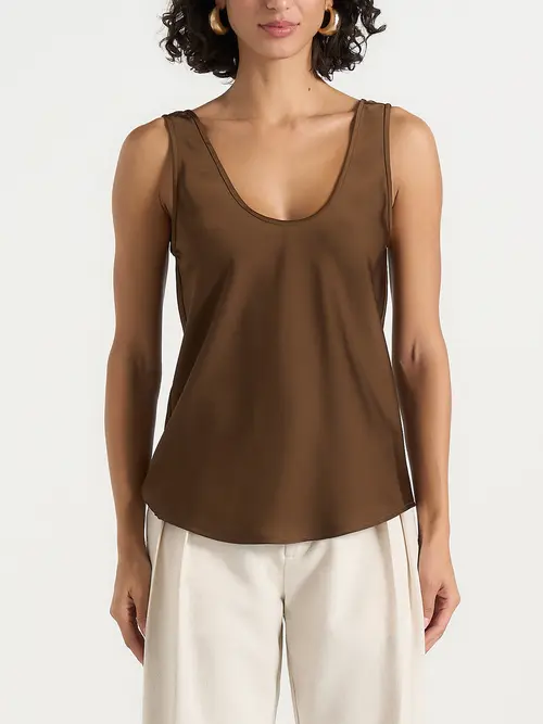 Manière De Voir Mathilda Satin Scoop Neck Open Back Tank Top - Brown