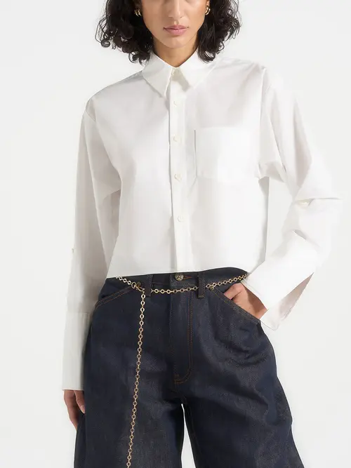 Manière De Voir Oversized Cropped Cotton Shirt With Classic Collar And Button Closure