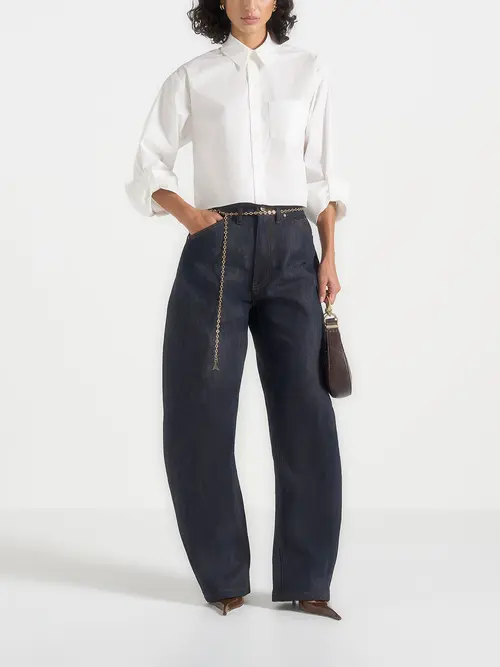 Manière De Voir Oversized Cropped Cotton Shirt With Classic Collar And Button Closure - White