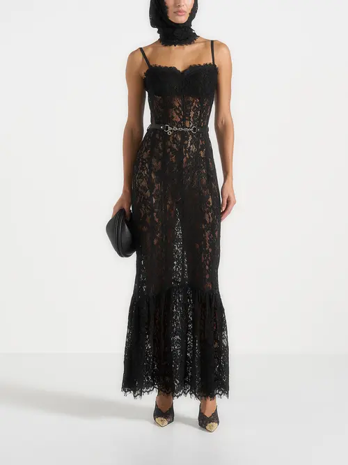 Manière De Voir Freya Lace Maxi Dress With Detachable Belt - Black