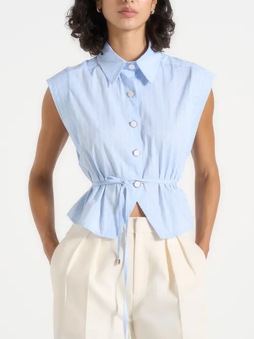 Manière De Voir Maniere De Voir Cropped Shirt With Wide Shoulders And Tie Waist - Blue