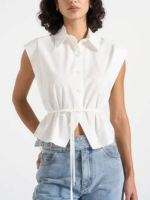 Manière De Voir Maniere De Voir Cropped Shirt With Wide Shoulders And Tie Waist - White