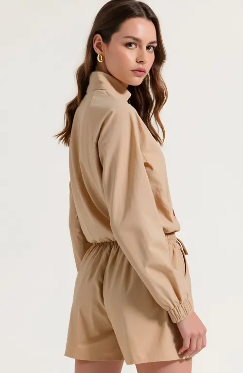 MODENAIRE Cropped Zip Front Jacket And High Waist Drawstring Shorts Set
