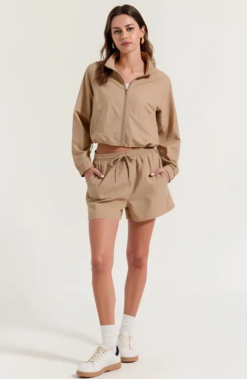 MODENAIRE Cropped Zip Front Jacket And High Waist Drawstring Shorts Set