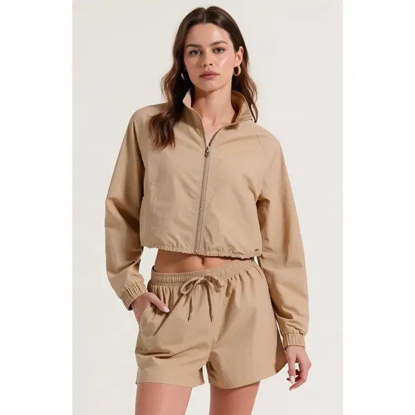 MODENAIRE Cropped Zip-front Jacket And High-waist Drawstring Shorts Set - Tan
