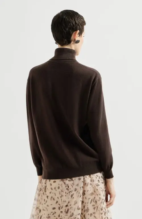 Brunello Cucinelli Cashmere Turtleneck Sweater With Monili - Coffee