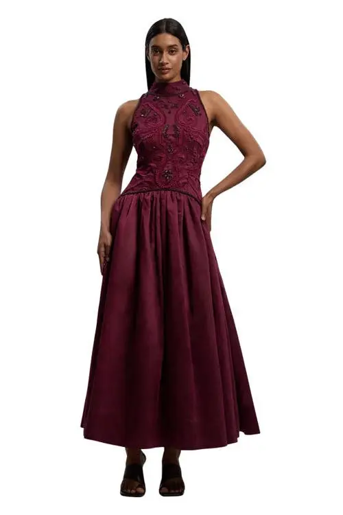 Karen Millen Embellished Taffeta High Neck Fit & Flare Dress - Plum