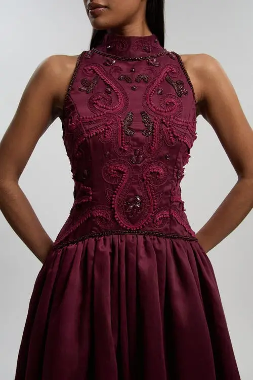 Karen Millen Embellished Taffeta High Neck Fit & Flare Dress