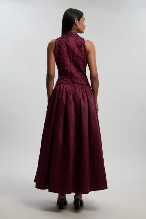 Karen Millen Embellished Taffeta High Neck Fit & Flare Dress