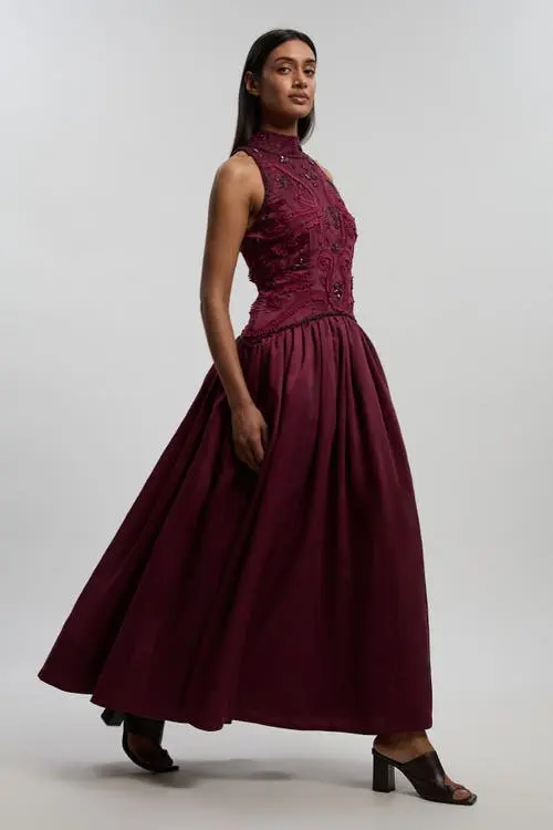 Karen Millen Embellished Taffeta High Neck Fit & Flare Dress