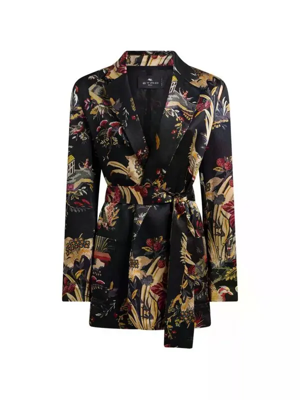 Etro Envers Satin Jacket With Belt And Flower And Animal Motif - Black