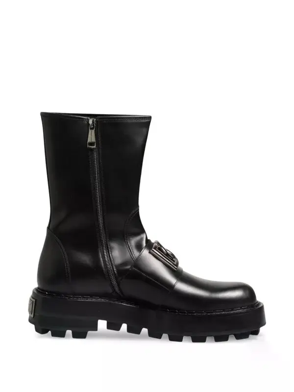 Dolce & Gabbana Leather Logo Plaque Lug Sole Boots - Black
