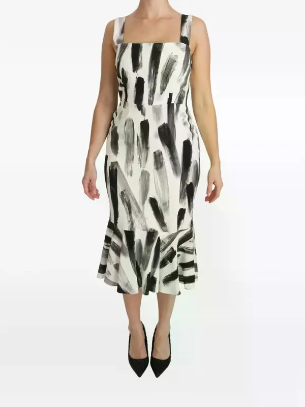 Dolce & Gabbana Sheath Paint-splatter Ruffle-hem Midi Dress