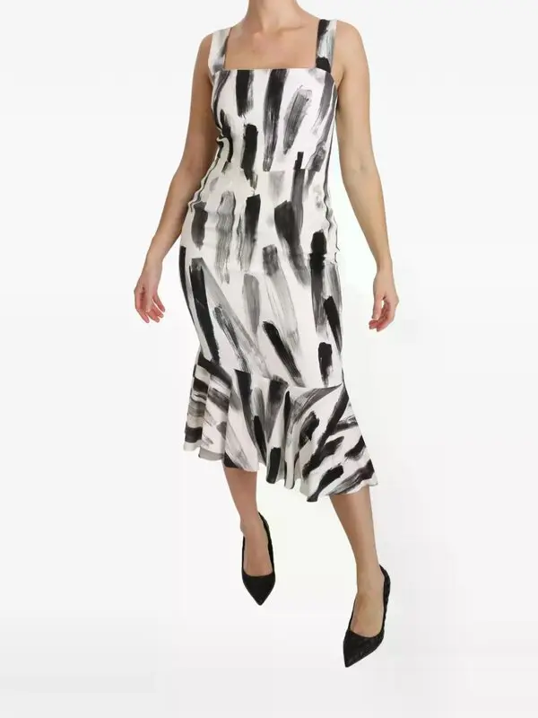 Dolce & Gabbana Sheath Paint-splatter Ruffle-hem Midi Dress