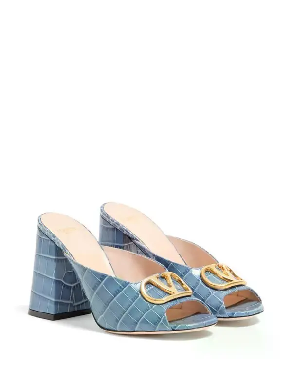 Valentino Garavani Vlogo Signature Slide Sandals In Printed Calfskin 95mm - Blue