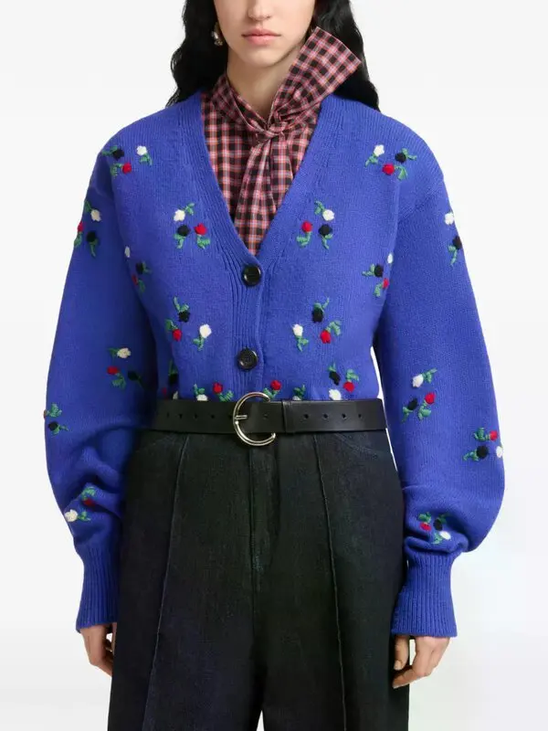 Marni Flower-embroidered Balloon-sleeve Cardigan