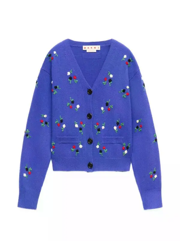 Marni Floral Embroidered Balloon-sleeve Cardigan - Blue