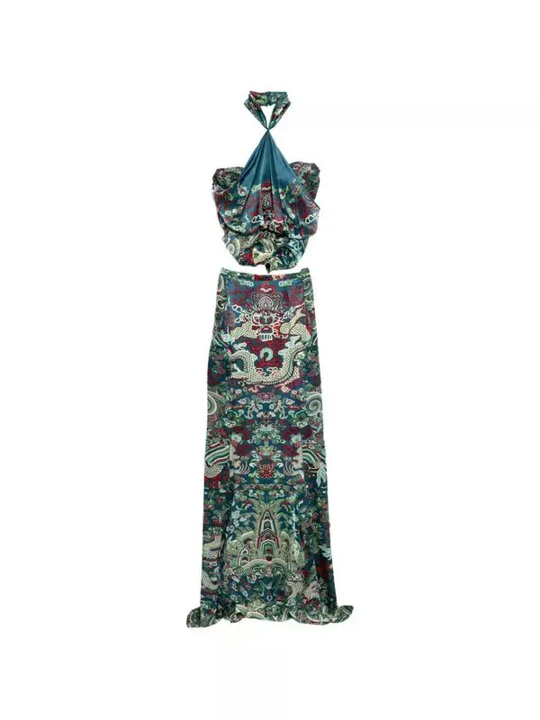 Saint Laurent Dragon-print Halterneck Dress - Blue