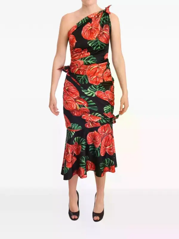 Dolce & Gabbana Floral Print One-shoulder Midi Dress - Black
