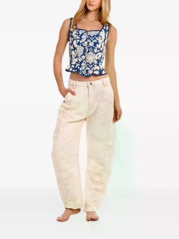 Agua Bendita Fallon Floral-embroidered Trousers - Neutrals