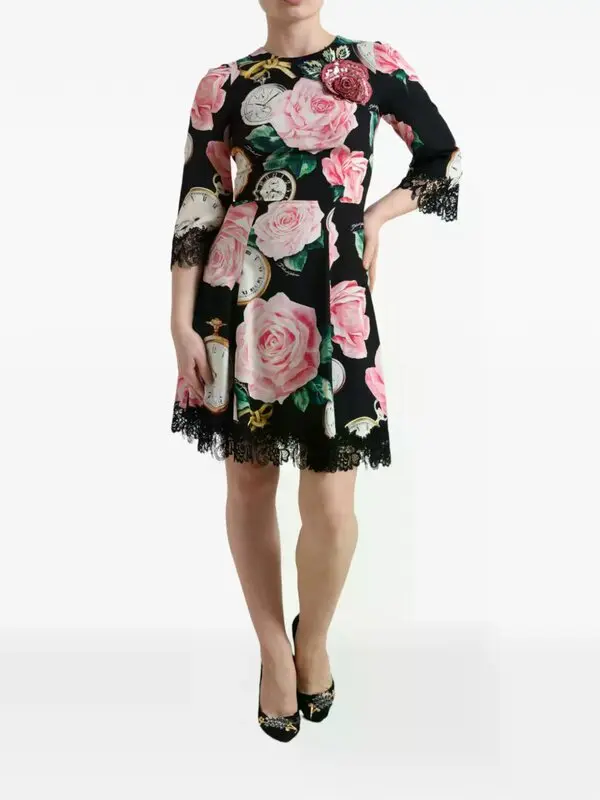 Dolce & Gabbana Lace-trimmed Floral-print Midi Dress - Black