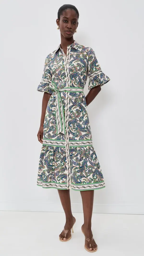 Shoshanna Alix Paisley Print Cotton Midi Dress With Ruffled Cuffs
