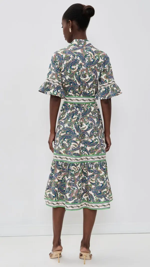 Shoshanna Alix Paisley Print Cotton Midi Dress With Ruffled Cuffs
