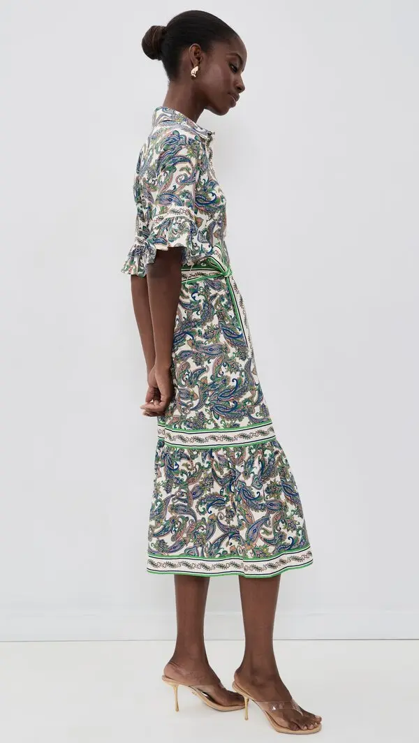 Shoshanna Alix Paisley Print Cotton Midi Dress With Ruffled Cuffs