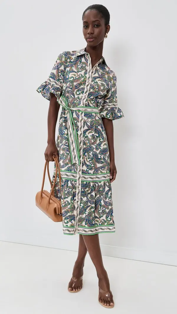 Shoshanna Alix Paisley Print Cotton Midi Dress With Ruffled Cuffs
