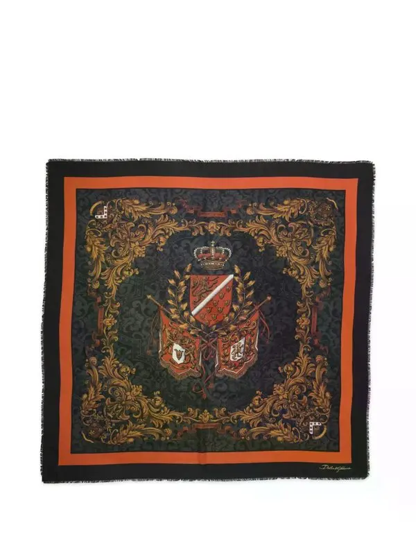 Dolce & Gabbana Crest-print Fringed Scarf - Black